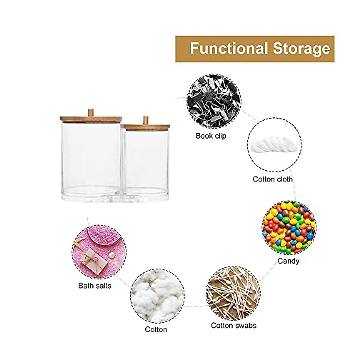 JIEQIJIAJU Cotton Swab Pads Holder, Acrylic Qtip Dispenser 2 Compartment Canisters with Bamboo Lids Cotton Round Holder Cotton Ball Buds Container Clear Apothecary Jars for Bathroom Storage Canister