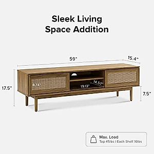 mopio Haylee Farmhouse Rattan 59" TV Stand, 100% Natural for 55/60 inch TV, Modern Farmhouse Boho with Rattan Sliding Doors, Adjustable Shelves, Includes Leveler (Natural Oak)