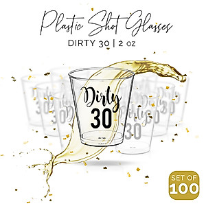 Dirty 30 Shot Glasses Disposable 100 PCS - 2oz 30th Birthday Cups, Dirty Thirty Birthday Decorations for Her, 30th Birthday Party Favors, 30th Birthday Decorations for Him - Clear Plastic Shot Glasses