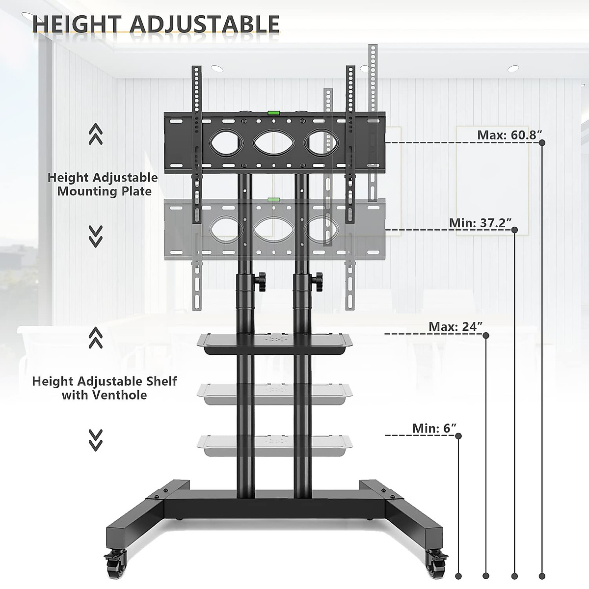TVON Mobile TV Cart with Wheels for 40-80 Inch LCD LED OLED Flat Curved Screen TVs, Height Adjustable Rolling TV Stand Holds up to 110 lbs, Outdoor TV Stand Trolley Max VESA 600x400mm