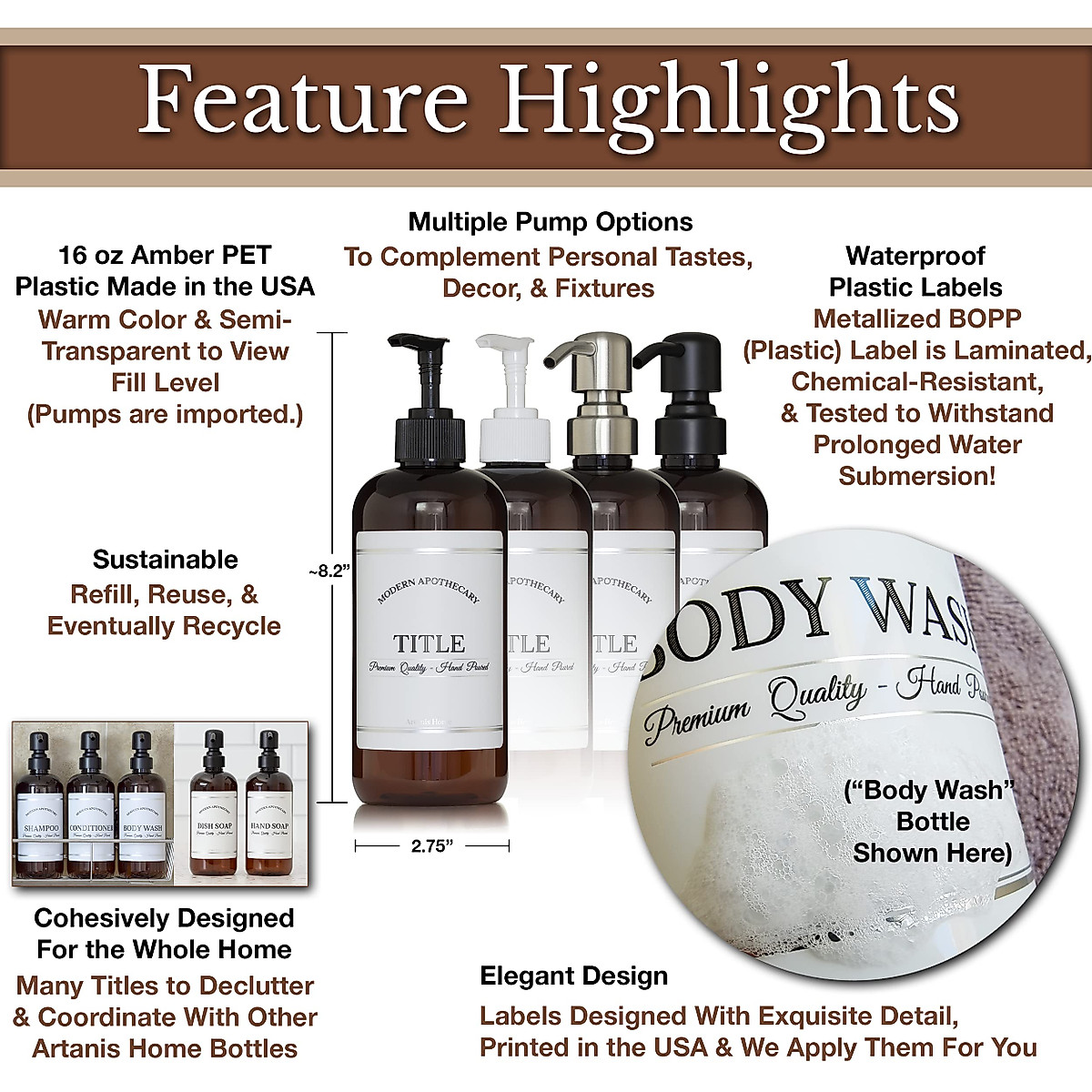 Amber Refillable Shampoo and Conditioner Bottles - Body Wash, Shampoo and Conditioner Dispenser - PET Plastic Shampoo Bottles Refillable with Pump - Waterproof Labels - 16 oz, 3 Pack (Stainless Steel)