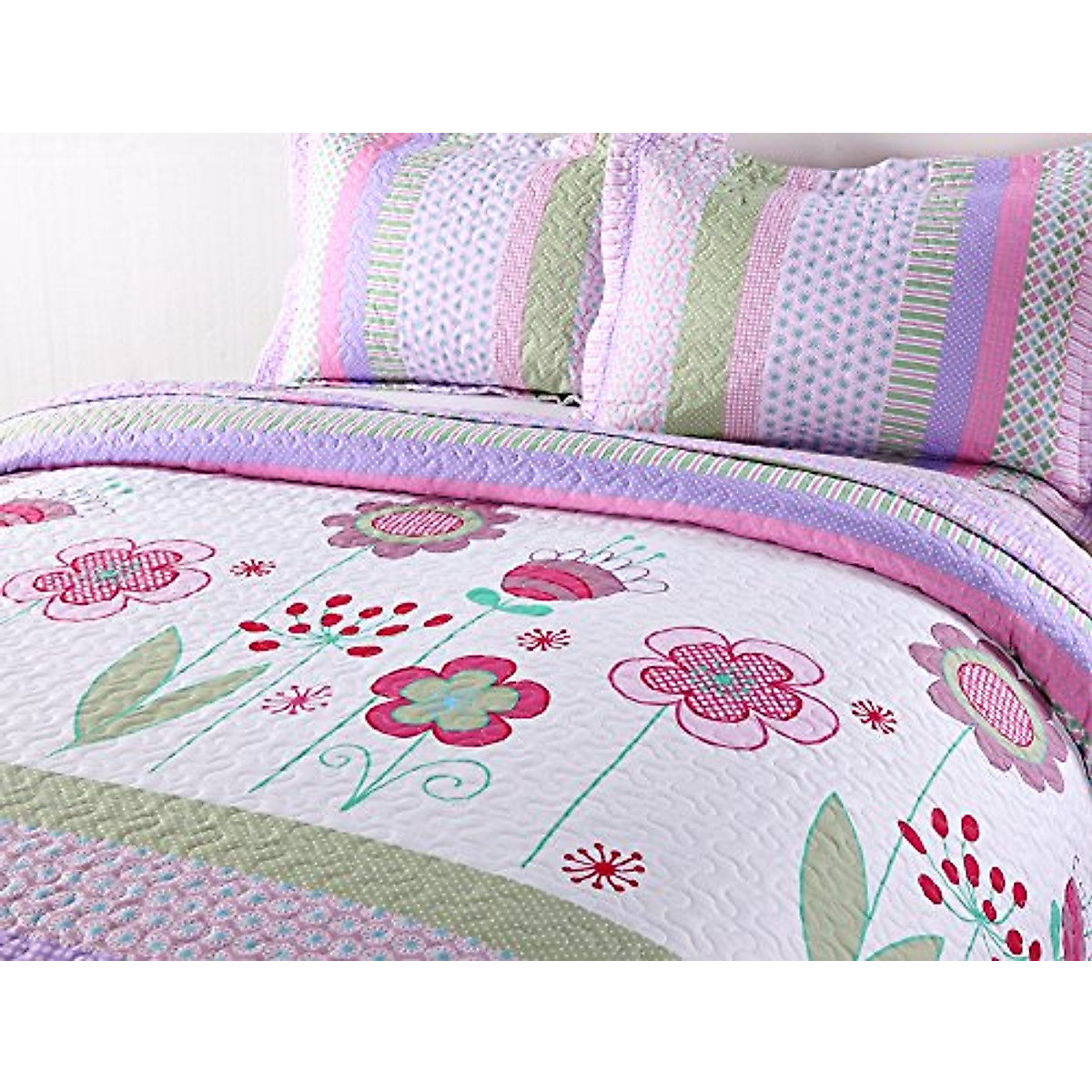 MarCielo 3 Piece Kids Bedspread Quilts Set Throw Blanket for Teens Girls Bed Printed Bedding Coverlet, Full Size, Purple Floral Striped (Full)
