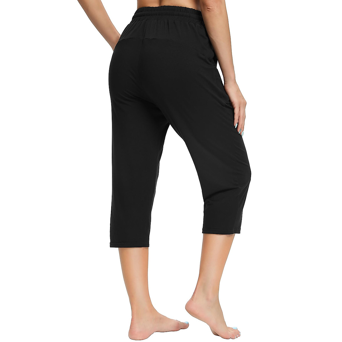 OLIKEME Workout Shorts Women's Capri Yoga Pants Loose Soft Drawstring High Waisted Sweatpants Causal Lounge Pants with Pockets Black