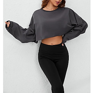 Meladyan Women Long Sleeve Crewneck Crop Top Tee Shirt Sweatshirt Casual Solid Loose Fit Workout Cropped Pullover Tshirt Dark Grey