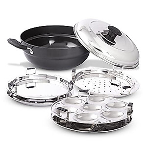 KSJONE All-in-One Hard Anodized Big Size Multi Purpose Idli Cooker and Steamer with Multi Kadai and 5 Plates 2 Idli Plates | 2 Dhokla | 1 Patra Plate