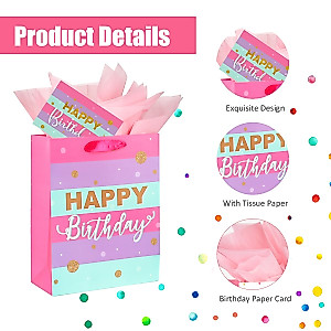 Dimetey 2 Pack 12.6" Large Gift Bag with Tissue Paper and Happy Birthday Card for Birthdays (Pink)