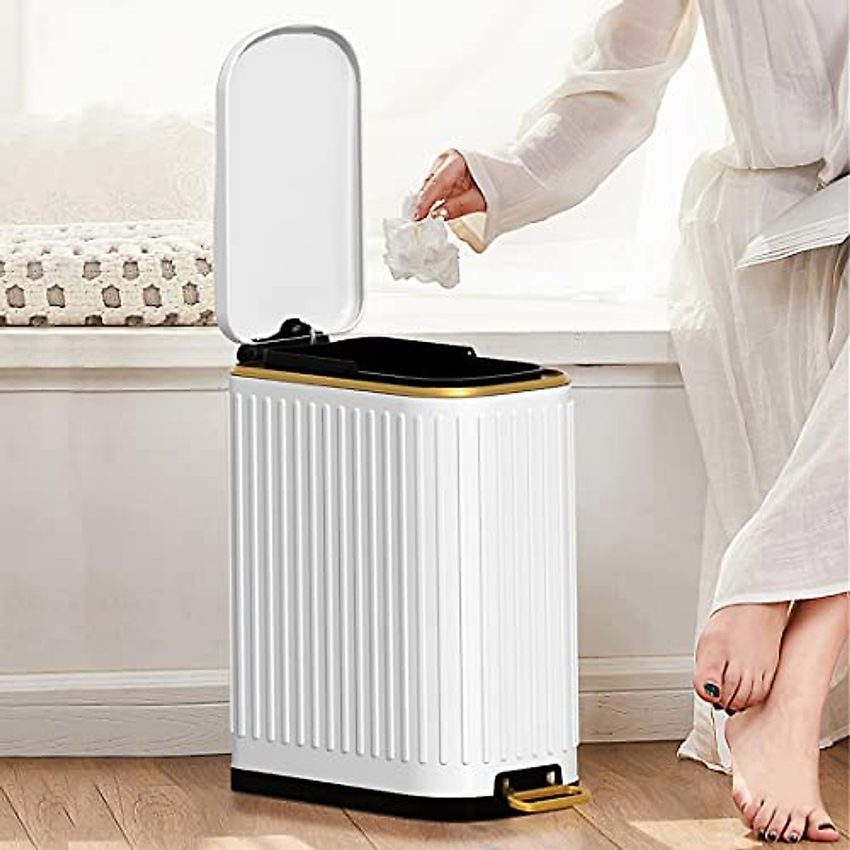 Doyingus Trash Can with Lid Soft Close 2.6 Gal, Small Stainless Steel Step Trash Bin for Bathroom, Slim Garbage Can with Inner Wastebasket for Bedroom, Office, Kitchen (White)