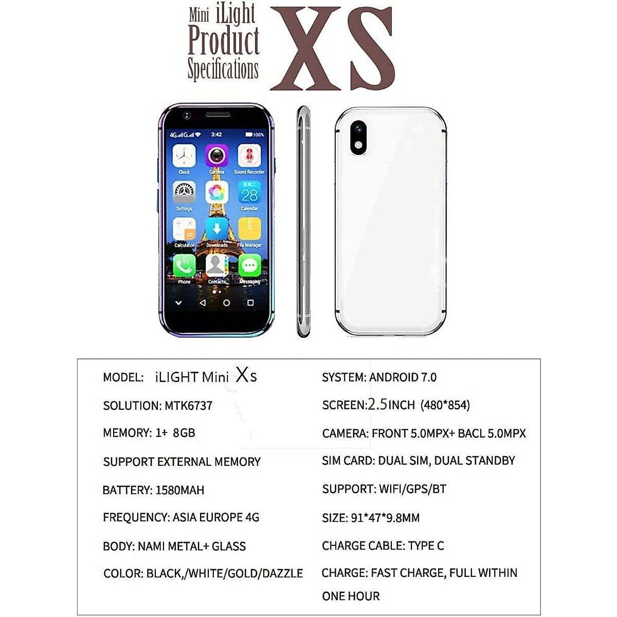 iLight Mini Smartphone XS, World's Smallest 10+ Android Phone 4G LTE, Super Small 2.5" Touch Screen. Global Unlocked - Great for Kids. Pocket Phone Gift. 1GB RAM / 8GB ROM. Tiny iPhone 10s Look Alike