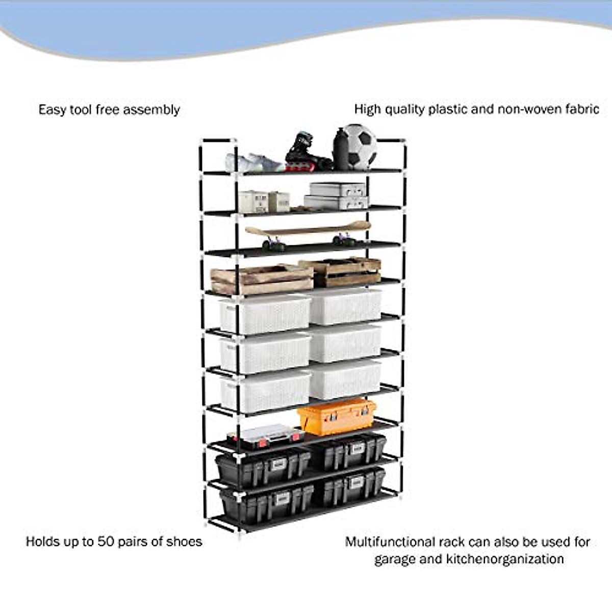 Lavish Home Shoe Storage Rack – 10-Tier Shoe Organizer for Closet, Bathroom, Entryway – Shoe Shelf Holds 50 Pairs Sneakers, Heels, Boots (Black)