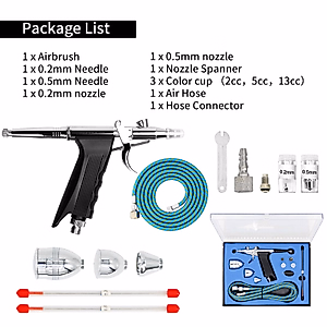 RJ-Global Double Action Airbrush Kit, Trigger Air Brush Spray Gun with 0.3, 0.2, 0.5mm Needles, 3 Sets Nozzles, Air Cap, 2cc/5cc/13cc Paint Cup, Air Hose, for Tattoo, Makeup, Nail, Model, Art Hobby