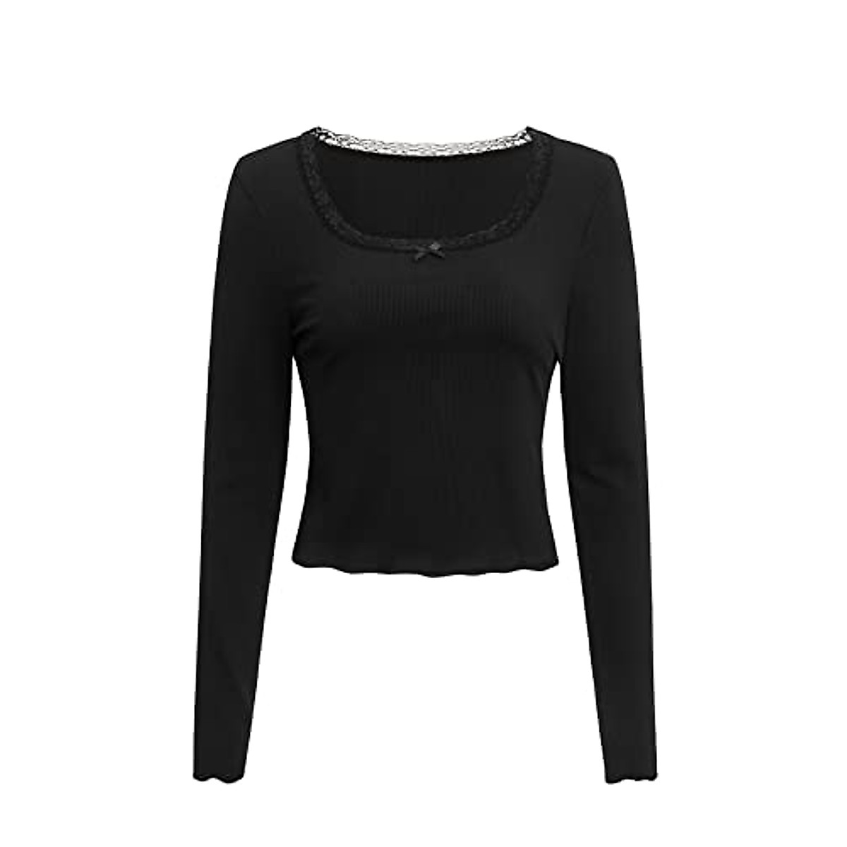 SOLY HUX Women's Y2K Long Sleeve Tops Scoop Neck Ribbed Knit Lace Trim T Shirts Slim Fitted Tees Pure Black S