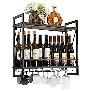 Hadulcet Wine Bottle Stemware Glass Rack, Industrial 2-Tier Wood Shelf, Wall Mounted Wine Racks with 5 Stem Glass Holders for Wine Glasses, Flutes, Mugs, and 2 Metal Basket for Storage, Rustic Brown…