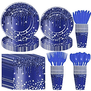 YJRJSC Navy Blue Plates And Napkins Party Supplies - Blue And Silver Party Decorations Tableware, Paper Plate, Napkin, Cup, Cutlery, Blue Glitter Bridal Shower Birthday Table Decorations | Serve 24