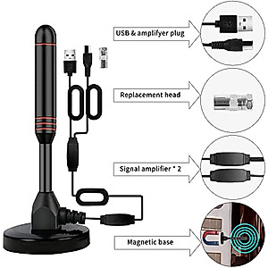 TV Antenna for Smart TV Indoor Digital Antenna with 2 Amplifier Signal Booster, 16.5ft Cable,Strong Magnetic Base, 1 Replaceable Antenna Heads HDTV Antenna- Support 4K 1080P TV