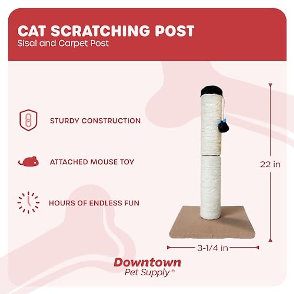 Downtown Pet Supply Small Cat Scratching Post with Mouse Cat Toy, 22" Tall - Tightly Woven Sisal Rope Cat Scratch Post for Indoor Cats with Stable 11" x 11" Base