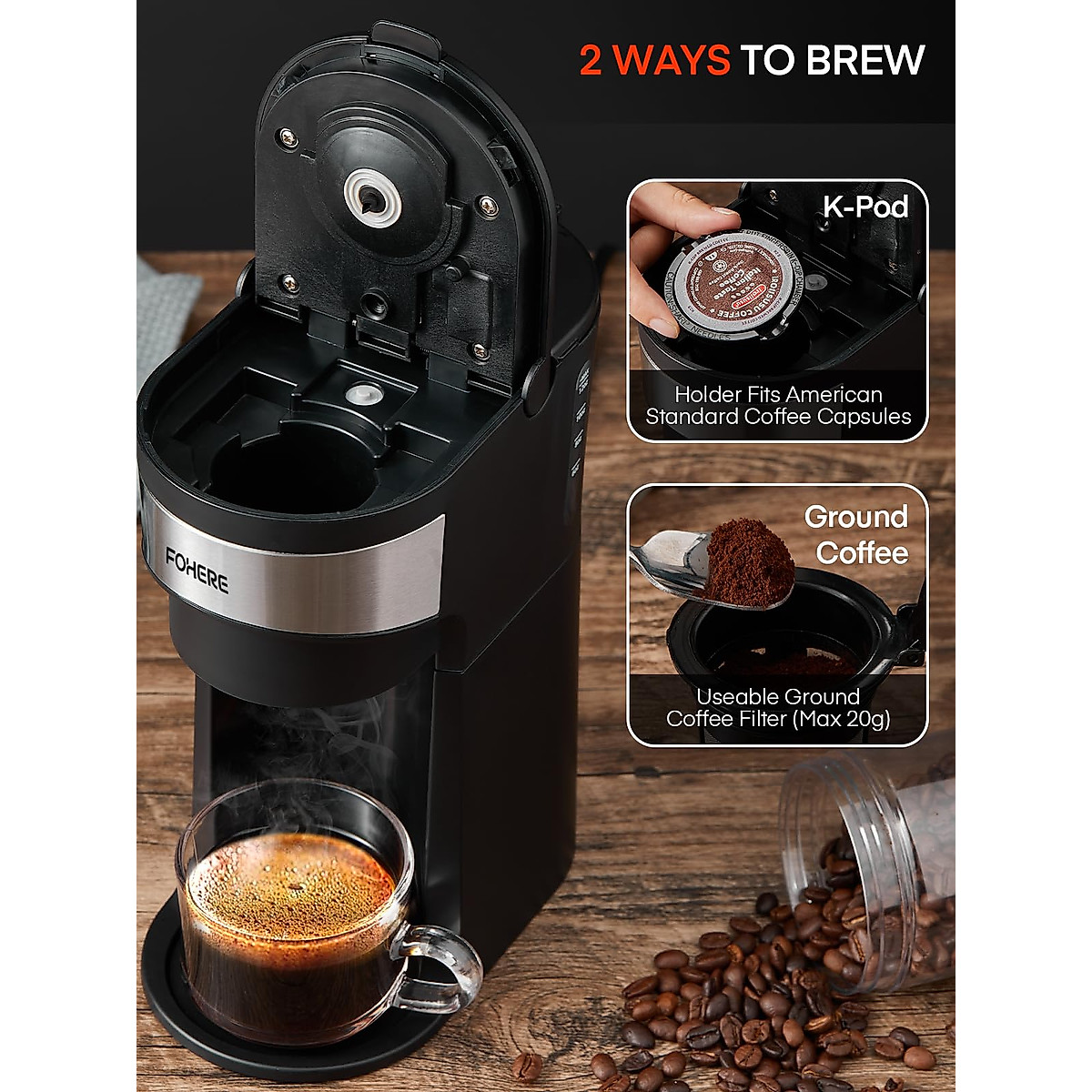 FOHERE Coffee Maker, Single Serve Iced and Hot Coffee Brewer for K Pod & Ground Coffee, with 90s Fast Brewing, 6 to 14 Oz Brew Sizes, 1000W Compact Coffee Machine with Water Window and Descaling Mode