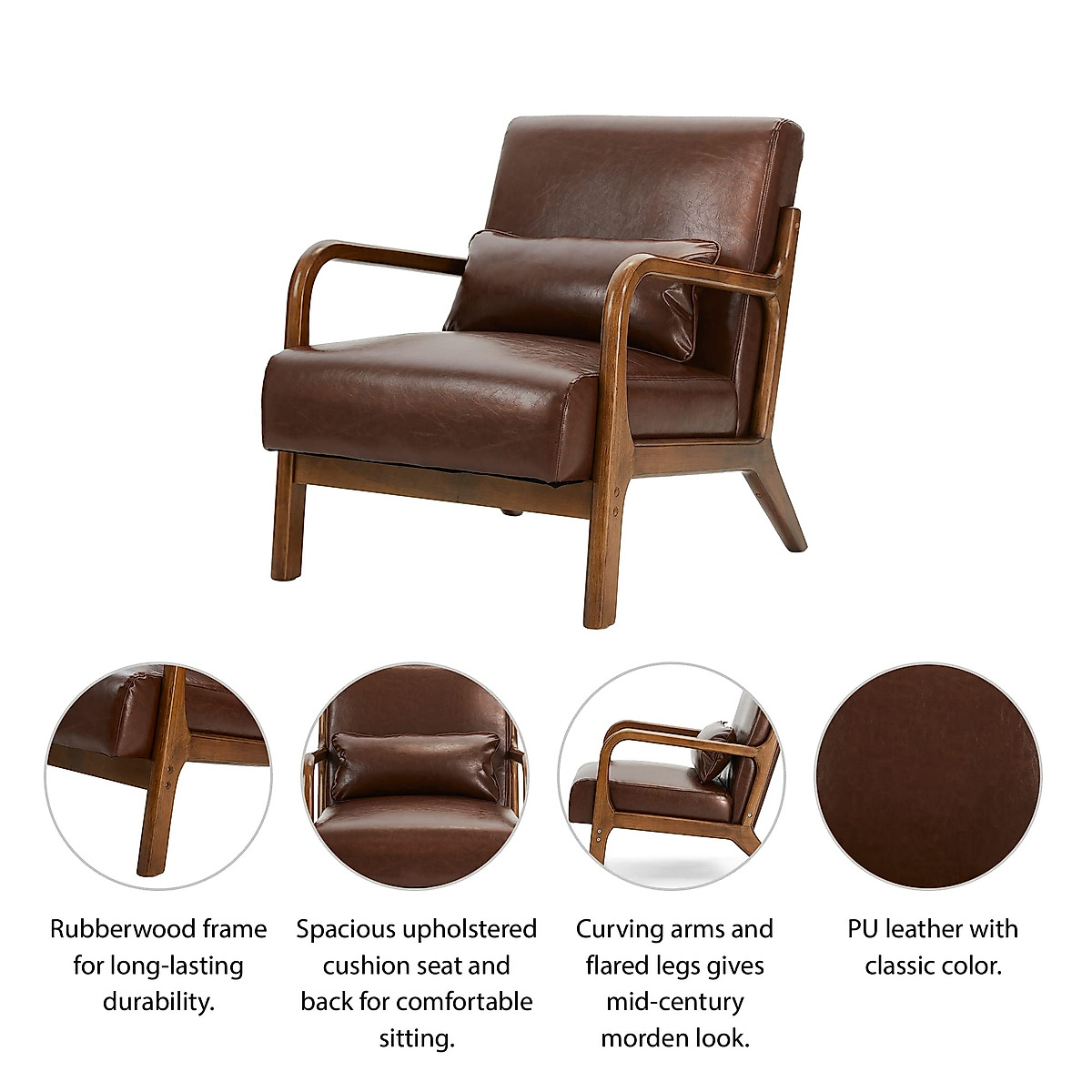 Glitzhome 2 Set Mid Century Coffee Accent Armchair, Single Reading Armchair PU Leather Lounge Chair with Walnut Ruberwood Frame