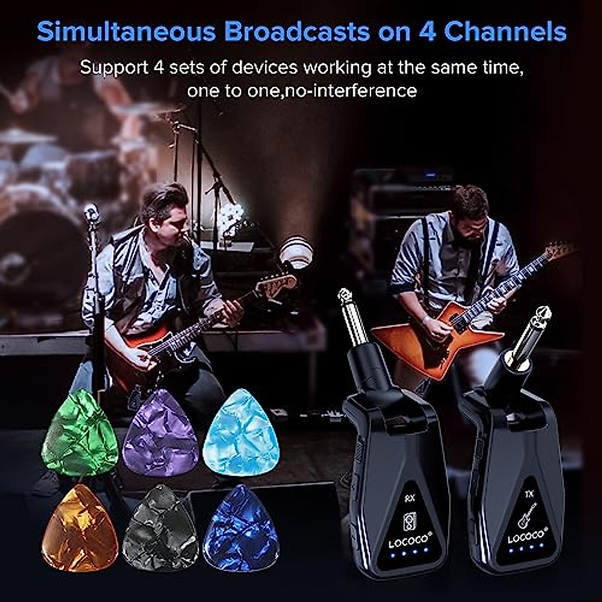 Wireless Guitar System: 164 Feet Range Wireless Transmitter Receiver - UHF 4 Channels Rechargeable Audio, 220° Rotatable Plug Design for Guitar Bass and Electric Instruments.(Black)