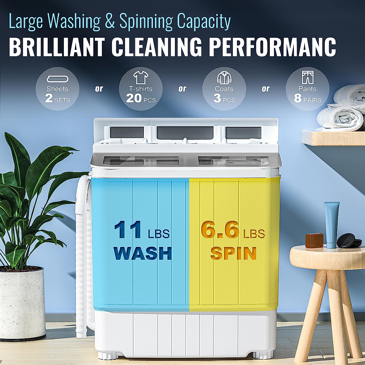 Superday Portable Mini Twin Tub Washing Machine Compact Washer and Spin Dryer w/Wash and Spin Cycle 17.6lbs Capacity For Camping, Apartments, Dorms, College Rooms, RV’S, Delicates, Grey