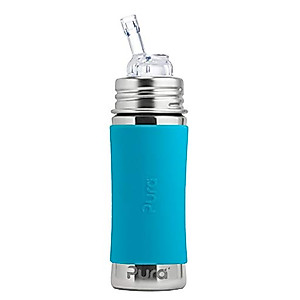Pura Kiki 11oz/325ml Stainless Steel Straw Bottle w/Sleeve, 100% Plastic-Free, MadeSafe Certified, 100% Medical-Grade Silicone Straw for Kids, Toddlers, Preschoolers, Babies & Infant – Aqua