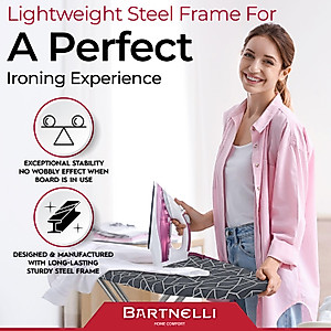 Bartnelli Ironing Board | Space-Saving and Ultimate Iron Board Experience 13x43 | Reinforced Steel Legs, Adjustable Height, 4-Layer Padding, Patent Folding System (BIBT-2110)