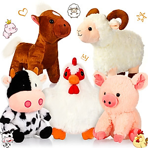 5 Pack Farm Plush Animals Set 10 Inches Plush Farm Stuffed Animals Barnyard Stuffed Animals Soft Pig Rooster Horse Sheep Cow Stuffed Animals Toy for Birthday Party Decoration Supplies