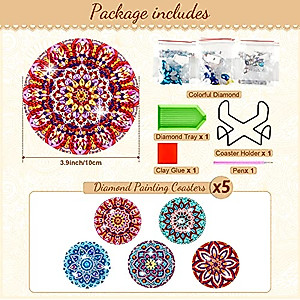 5 Pcs Diamond Painting Coasters DIY Mandala Coaster for Drinks with Holder Round Wooden Cute Coasters Bar Coasters for Beginners Adults Kids Art Craft Supplies Kinds of Cups Table Housewarming Gifts