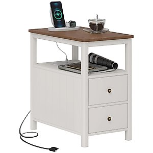 HOMCOM Modern End Table with Charging Station and USB Ports, Narrow Side Table with Drawers & Shelf for Living Room, White