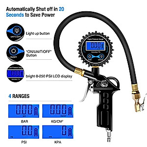 Nilight 50026R Digital Tire Inflator Pressure Gauge,250 PSI Air Chuck and Compressor Accessories Heavy Duty with Rubber Hose and Quick Connect Coupler for 0.1 Display Resolution,2 Year Warranty