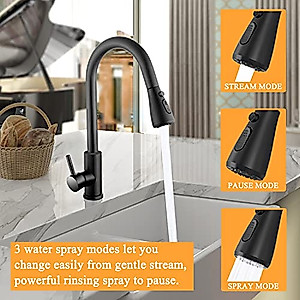 FIFOAH Kitchen Sink Faucets with Pull Down Sprayer, Stainless Steel Matte Black Kitchen Faucet, Single Handle Faucet with Pullout Sprayer, Modern Kitchen Faucets for RV Bar Farmhouse Sink