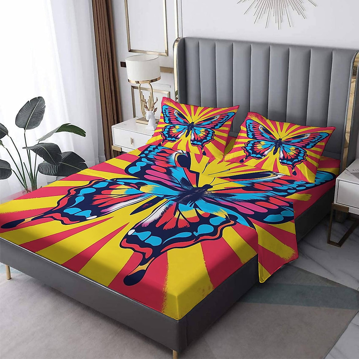 Butterfly Sheets Full Size, Vintage Rainbow Bed Sheets, Patterned Bedding Sheets & Pillowcases 4 Piece Set - Soft Microfiber Deep Pocket Fitted Sheet & Flat Sheet & 2 Pillow Cases Z9-&-162