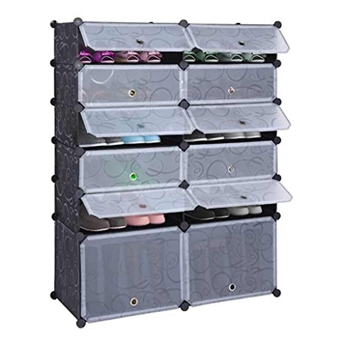 WALNUTA Modular Cube Storage Unit 12-Cube DIY Shoe Rack Organizer Plastic Cabinet with Doors 6 Tier Sloset Cabinet 10Small&2Large Cells