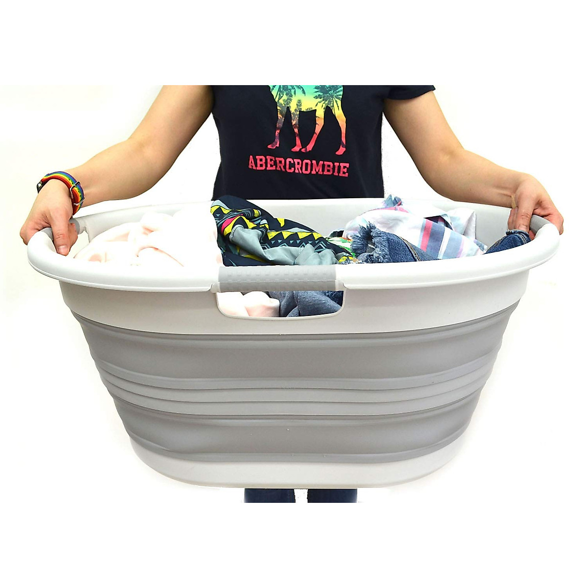 SAMMART 57L (15 Gallons) Collapsible 3-Handled Plastic Laundry Basket - Oval Tub - Portable Washing Tub-Space Saving Laundry Hamper, Water Capacity 44L / 11.6 Gallon (1, Grey)