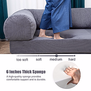 COMAX Folding Sofa Bed, Convertible Sofa Queen Floor Couch with L-Shaped Armrests, Foldable Futon Chair Bed Sleeper Mattress Fold Out Comfy Lounge for Living Room Bedroom, Dark Grey