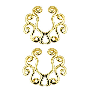 Gold Tone Vintage Tribal Floral Clip on Non-Pierce No Pierce Fake Nipple Ring, Sold as a Pair