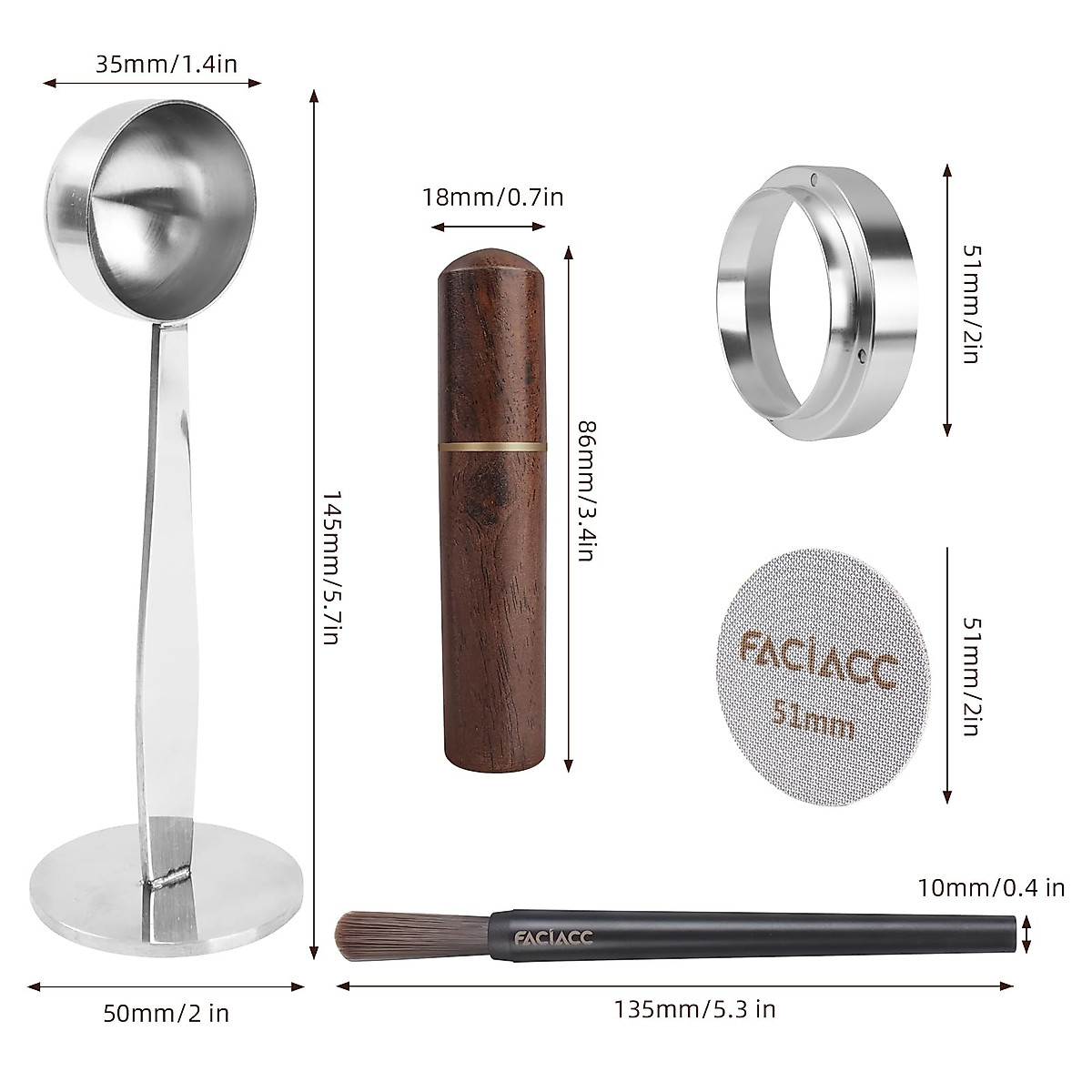 FACIACC 51mm Espresso Accessories Kit, Wdt Tool espresso, Dosing Funnel & Puck Screen Kit, 2 in 1 51mm Espresso Tamper & Coffee Spoon, Barista Kit, Espresso kit Stainless Steel 8pin Espresso Stirrer