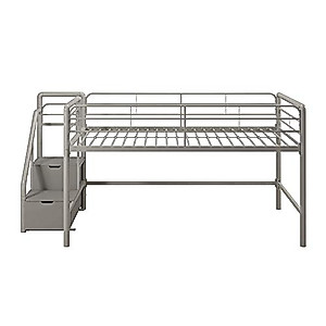 DHP Junior Twin Metal Loft Bed with Storage Steps, Multifunctional Space-Saving Solution - Silver with Gray Steps