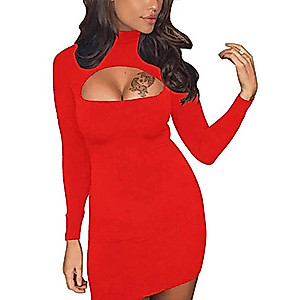 Haola Women's Long Sleeve Cut Out Front Sexy Club Bodycon Dress Party Mini Bandage Dress S Red