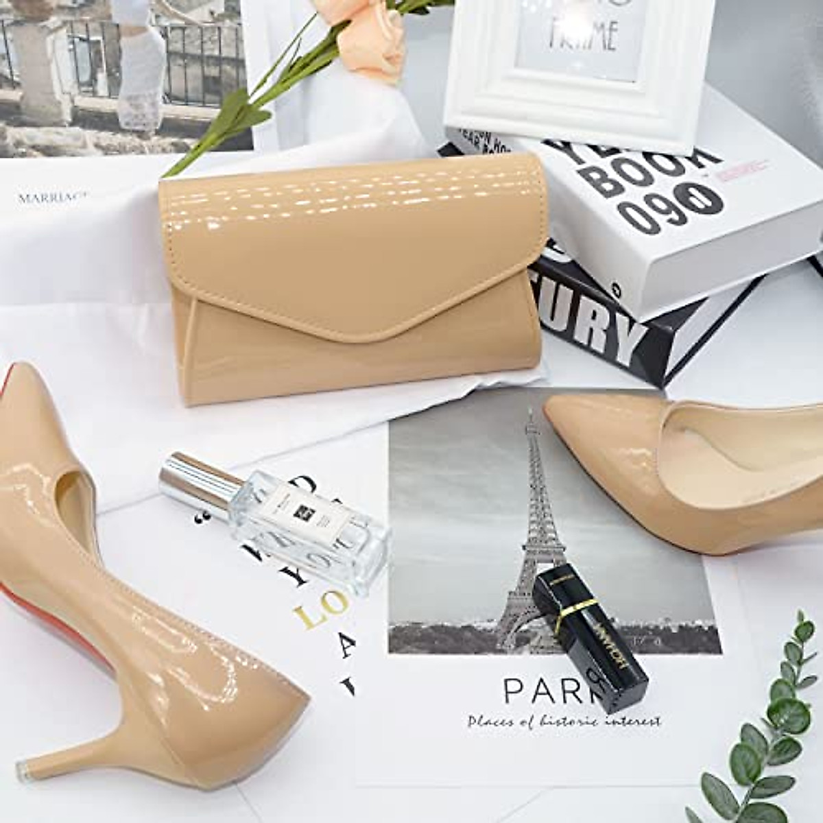 Labair Patent Leather Clutch Evening Bags for Women Wedding Formal Prom Handbag.(Nude)