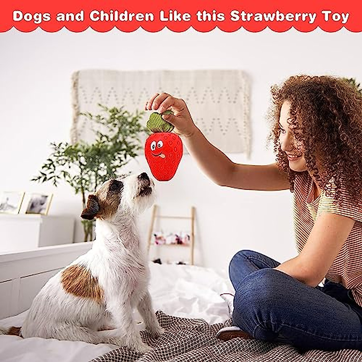 BAPSOUZU Squeaky Dog Chew Toys for Aggressive Chewers, Rubber Indestructible Tough Durable Dogs Toys Interactive Puppy Teeth Clean (Red Strawberry)