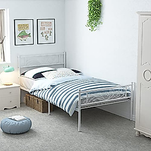 Weehom Twin Size Bed Frame with Headboard No Box Spring Needed Platform Single Bed for Kids, White