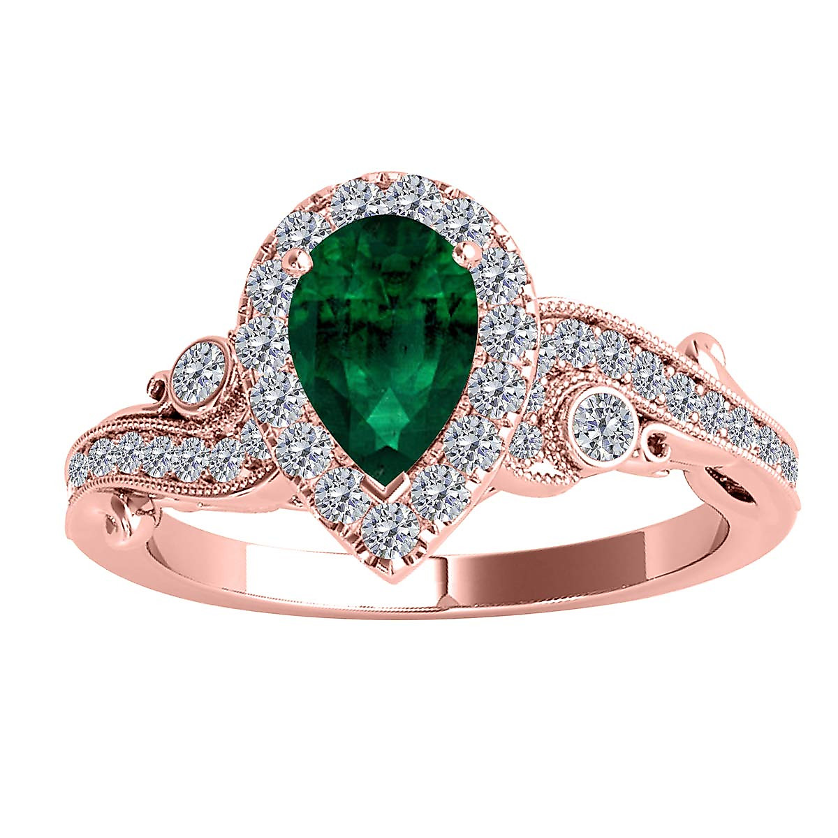 MauliJewels Rings for Women 1.35 Carat Pear Shape Emerald And Round White Diamond Ring Prong-Setting 10K Rose Gold