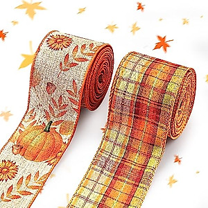 Threetols 2 Rolls 10 Yards Fall Wired Edge Ribbons, 2.5inch Orange Plaid Burlap Ribbons, Autumn Leaves Pumpkin Ribbon for Thanksgiving Party DIY Craft Fall Wreath Bow Decor