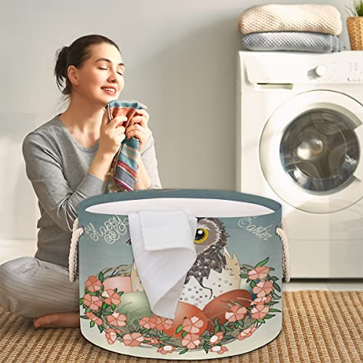 Easter Egg Cute Owl Large Round Baskets for Storage Laundry Baskets with Handles Blanket Storage Basket for Bathroom Shelves Bins for Organizing Nursery Hamper Girl Boy