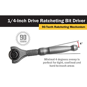 Titan 11318 1/4-Inch Drive x 4-Inch 90-Tooth Swivel Head Micro Ratcheting Bit Driver - Silver