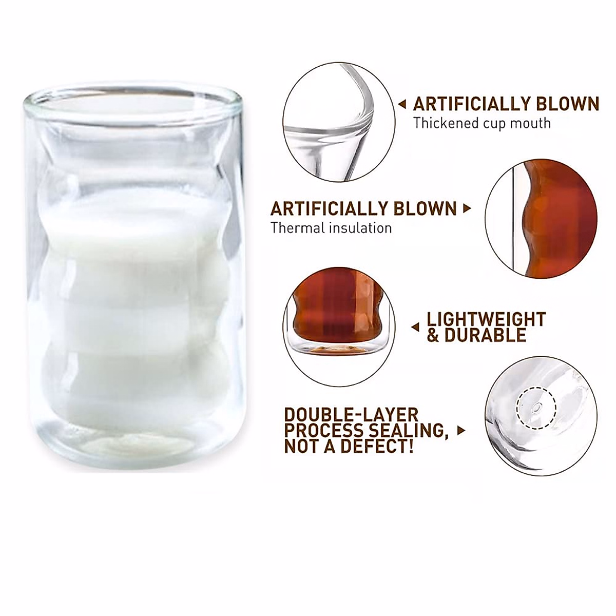 JstDoit Double Wall Glass Espresso Cups, Insulated Glass Coffee Mug Creative Drinking Glasses Ripple Glassware for Hot Beverages, Water, Juice, Coffee, Latte, Cappucino 200ML/6.76oz (Brown)