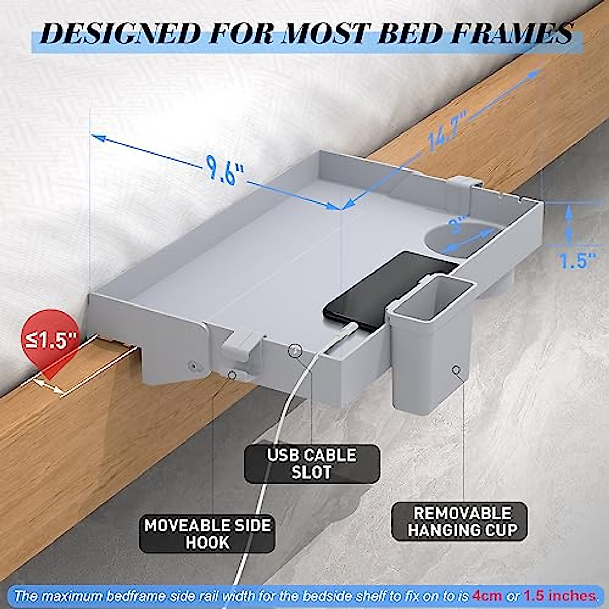 Ronlap Folding Bedside Shelf, Bunk Bed Shelf Organizer for Top Bunk Clip On Nightstand for Loft Bed Plastic Bedside Shelf Tray for Kids with Cupholder Hooks Hanging Cup, Small Size, Grey