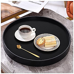 Round Solid Wood Serving Tray Extra Large Tea Coffee Snack Food Meals Serving Plate Non-Slip Kitchen Party Bar Server Breakfast Tray with Raised Edges (16inch/40cm) Black Decorative Ottoman Tray