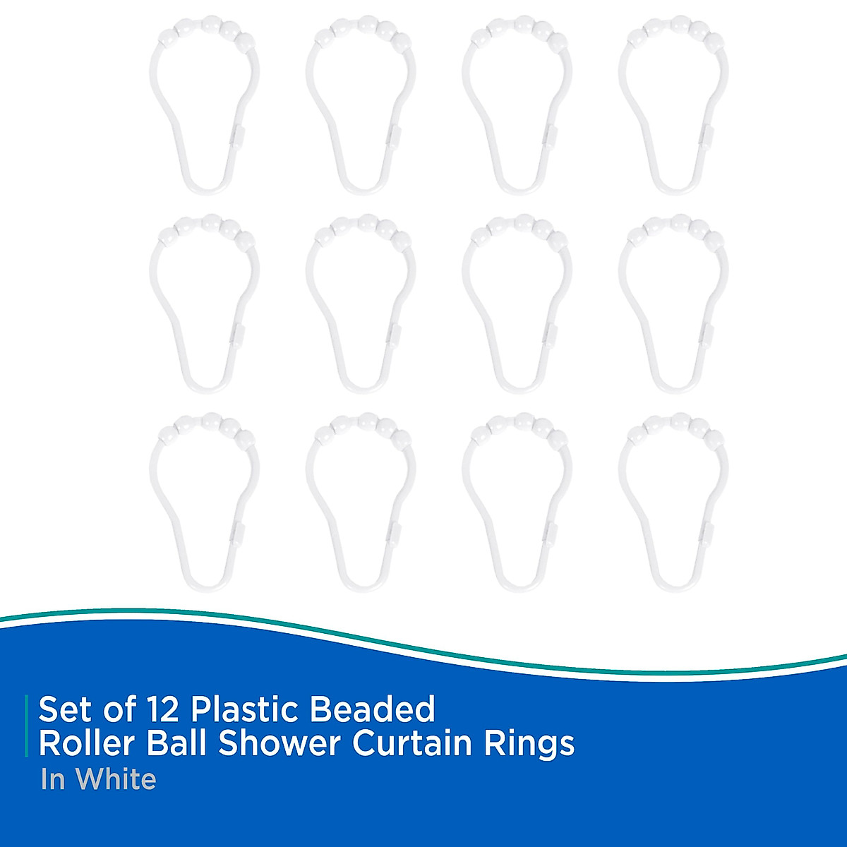 Kenney KN67140 Rust-Proof Gliding Plastic Beaded Shower Curtain Rings for Shower Curtain and Standard Shower Curtain Rod, Bathroom Use, Easy to Install, Set of 12, White