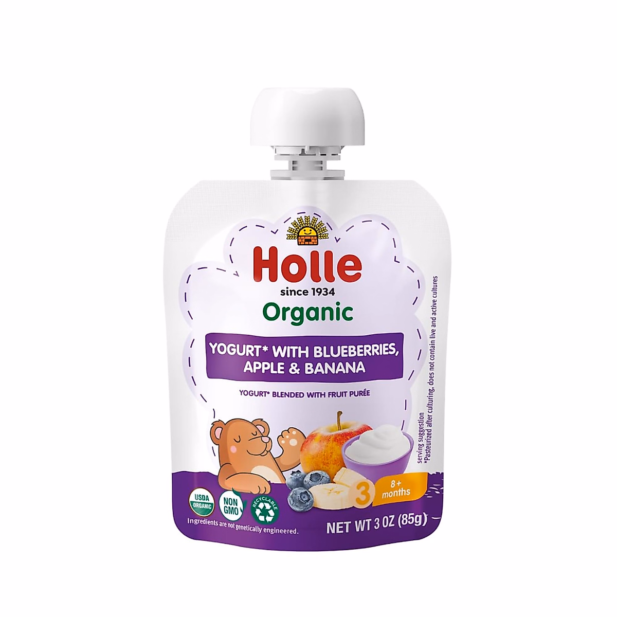 Holle Baby Yogurt Pouches - Organic Yogurt with Blueberry, Apple & Banana Fruit Purée - Drinkable Yogurt Pouches for Kids & Babies 8 Months & Up - (10 Pack) Shelf Stable, Non-Gmo with 0 Sugar Added